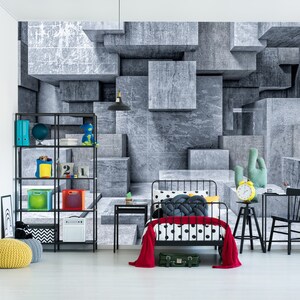 Geometric 3D Concrete Cube Room Design Art Print Photomural Wallpaper ...