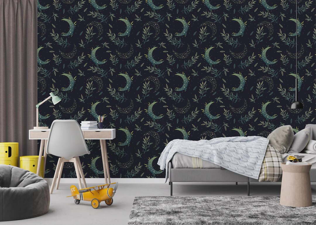 Celestial Green Moon Astrology Nursery Wallpaper Mural, Peel and Stick ...