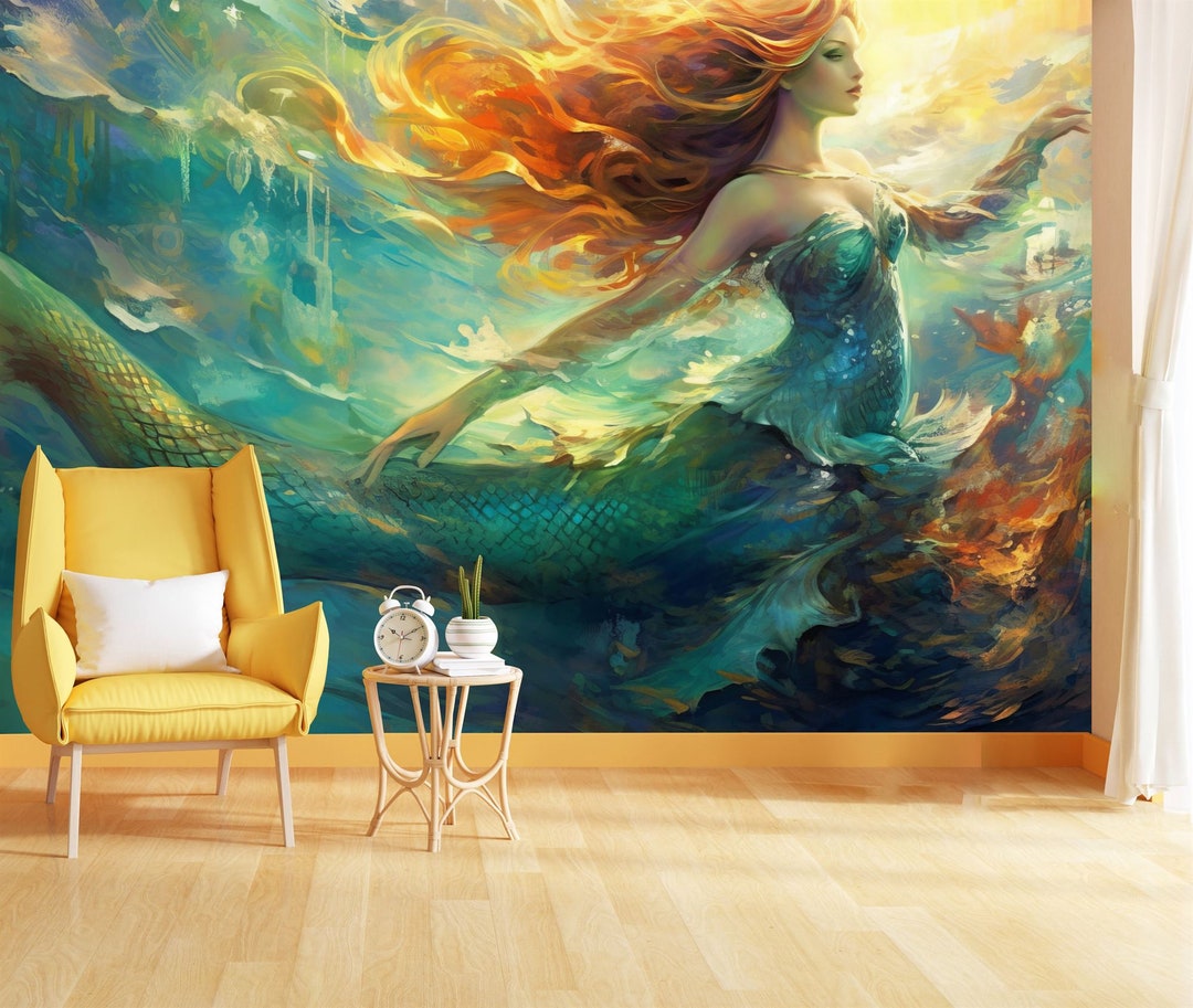 Mythical Mermaid in Sunny Ocean Waves Gift, Art Print Photomural ...