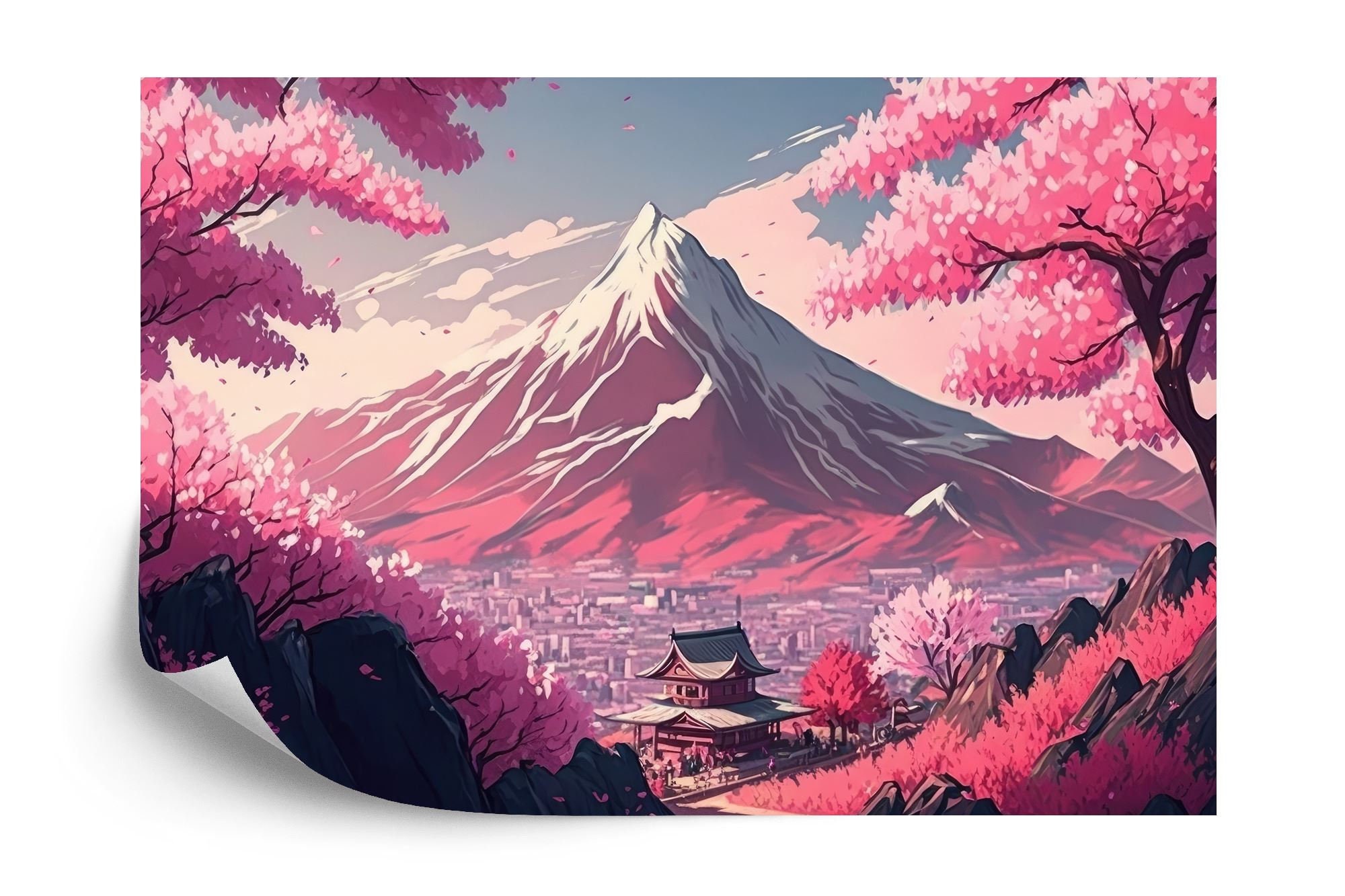 Cartoon Pink Sakura Cherry Blossom Mountain Spring Manga Art - Etsy