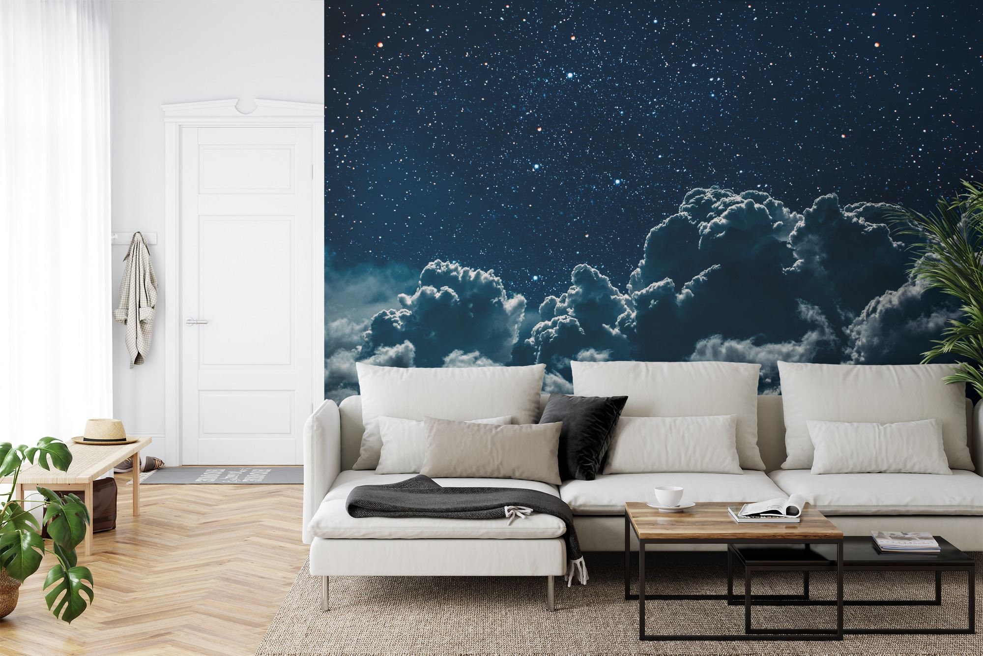Night Sky Mural, Sparkling Stars, Moon, Clouds, Peel and Stick ...