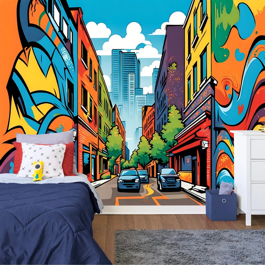 Colorful Cartoon City Streets Kids Room Gift, Art Print Photomural ...