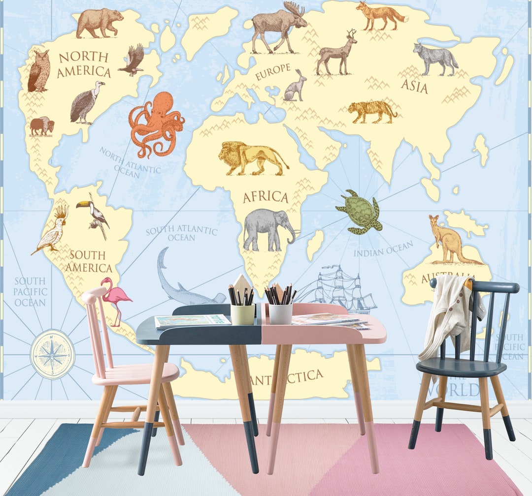 Kids Baby Room World Map Animals Wallpaper Mural Art Print Photomural ...