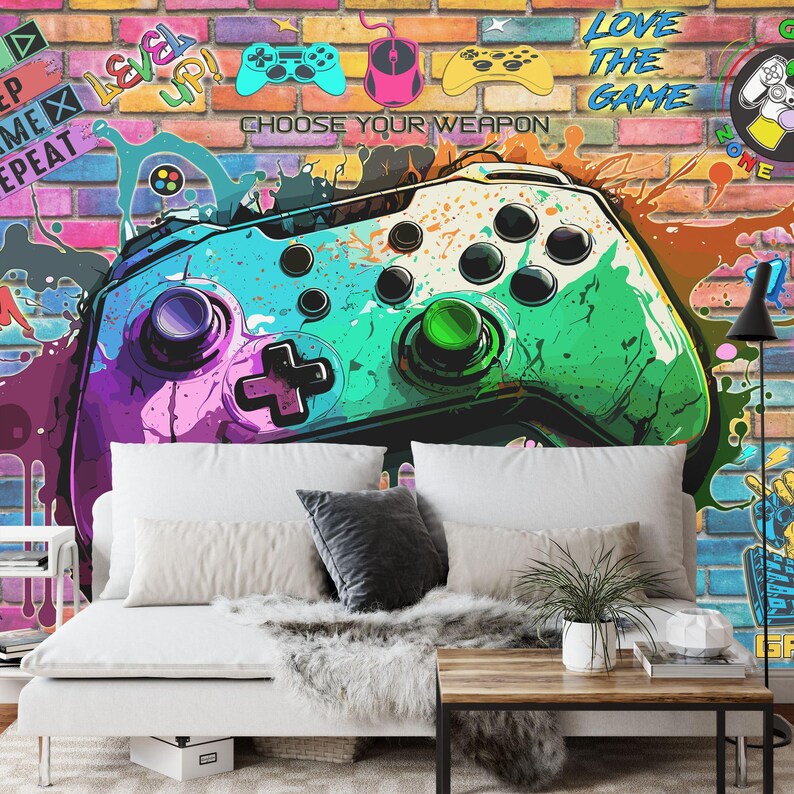 Gaming Room Wallpaper Mural, Graffiti Art Print, Peel and Stick Decal ...