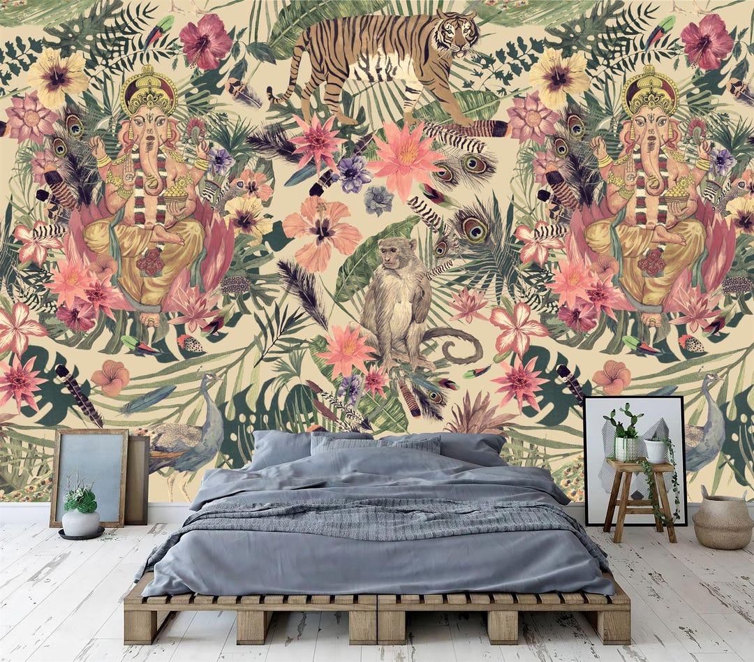 Ganesha Tiger Floral Wallpaper Mural, Peel and Stick Decal - Etsy