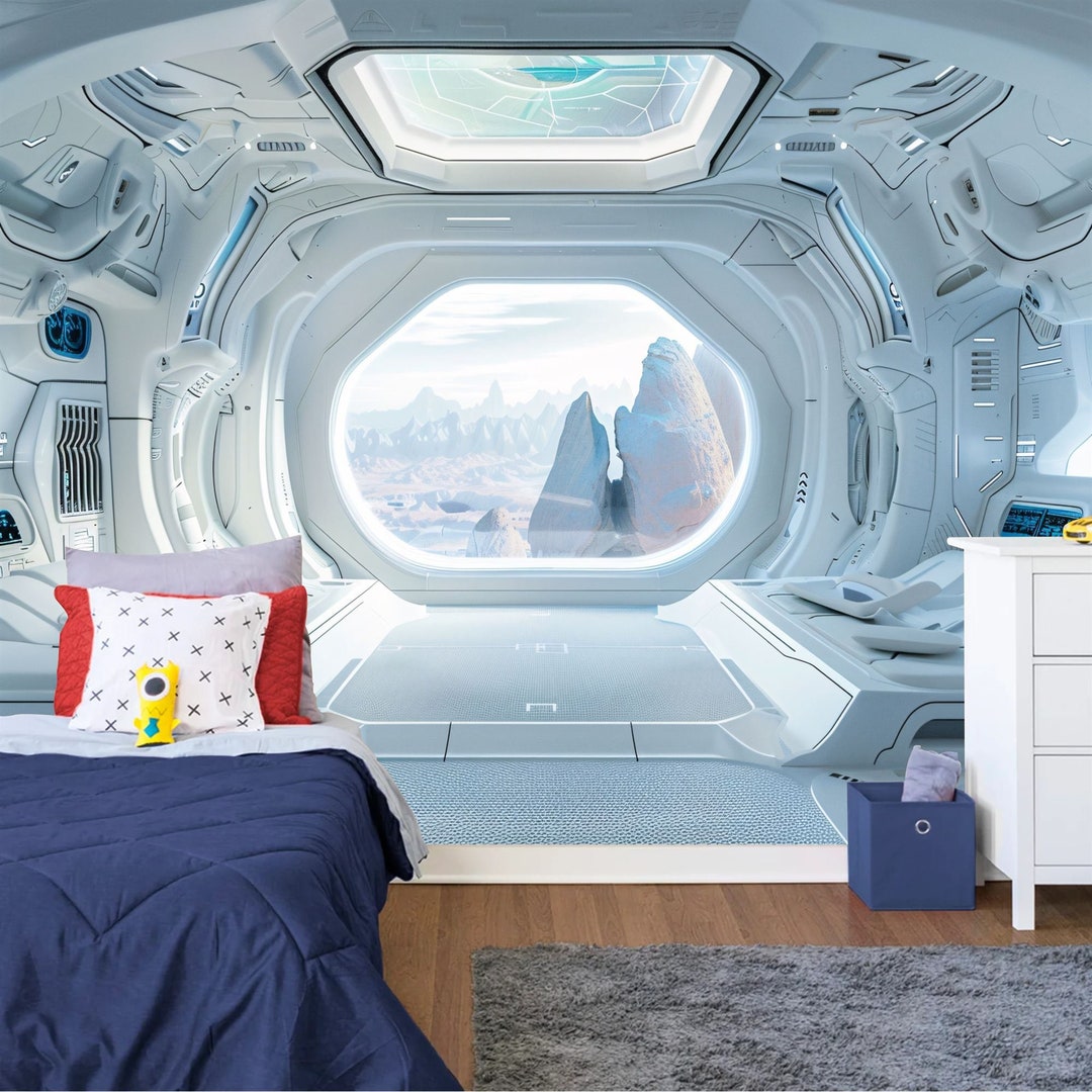 Futuristisches 3D-Raumschiff-Fensteransicht Geschenk, Kunstdruck Fototapetenwandbild Einfach zu ...