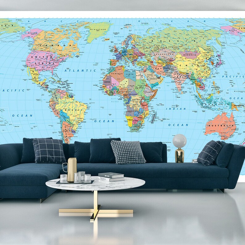 World Map Educational Countries Wallpaper Mural Art Print - Etsy
