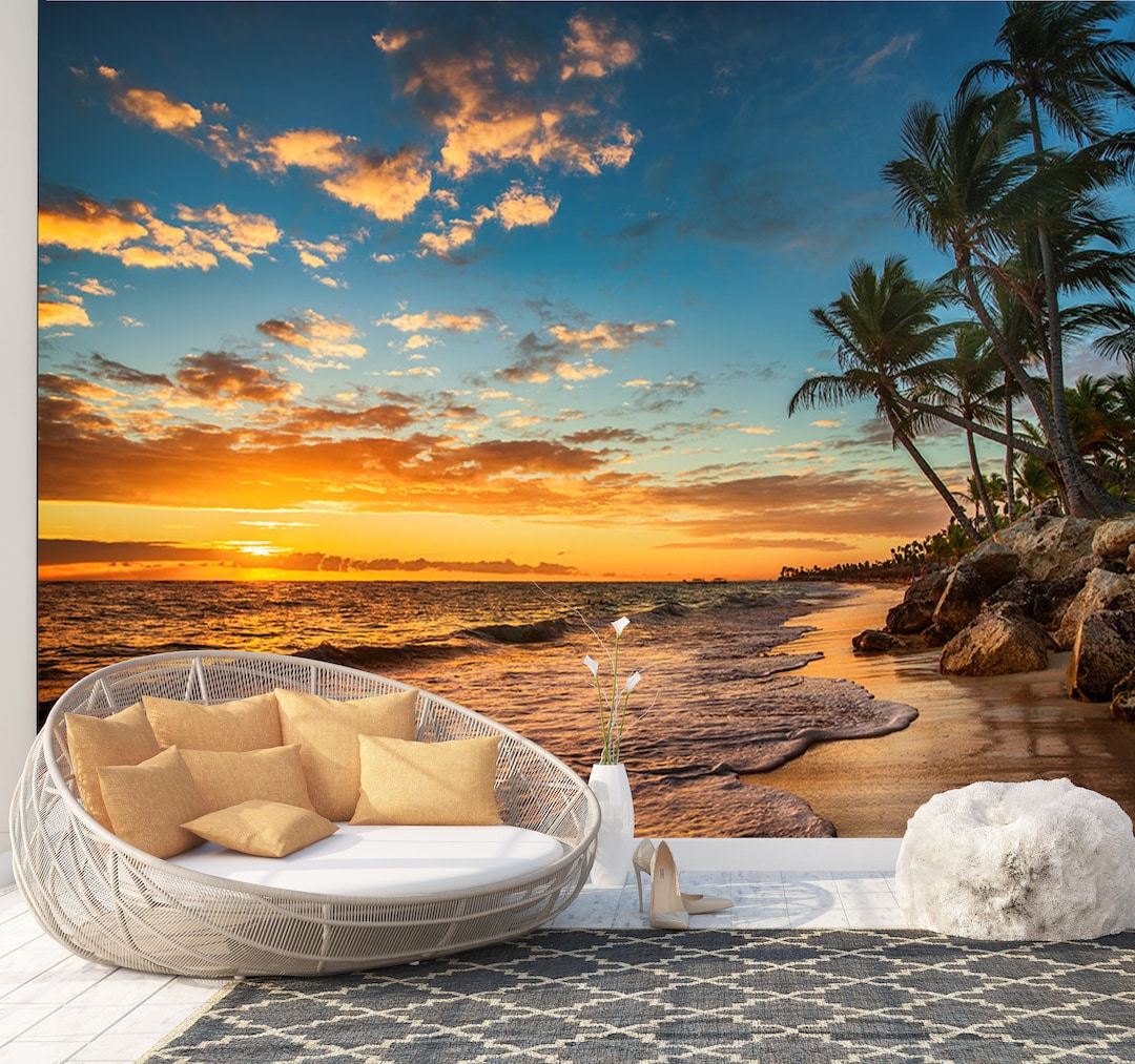 Tropical Paradise Sunset Wallpaper Mural Art Print Photomural Wall Decor Easy-install Removable ...
