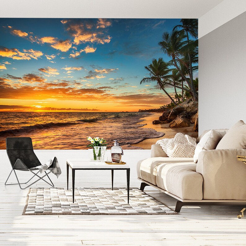 Tropical Paradise Sunset Wallpaper Mural Art Print Photomural Wall Decor Easy-install Removable ...