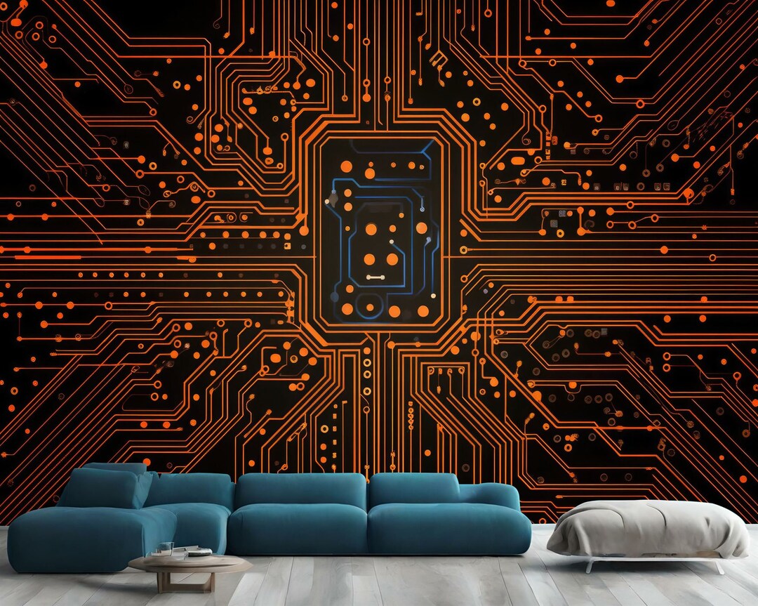 Circuit Board Wallpaper Mural, Orange Accent, Peel and Stick Decal - Etsy