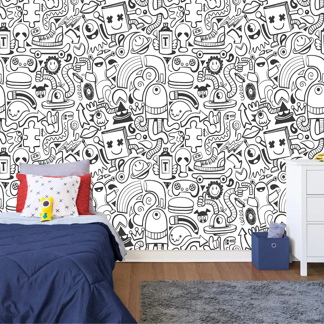 Modern Black and White Doodle Mural Gift for Kids Room Home Decor Easy ...