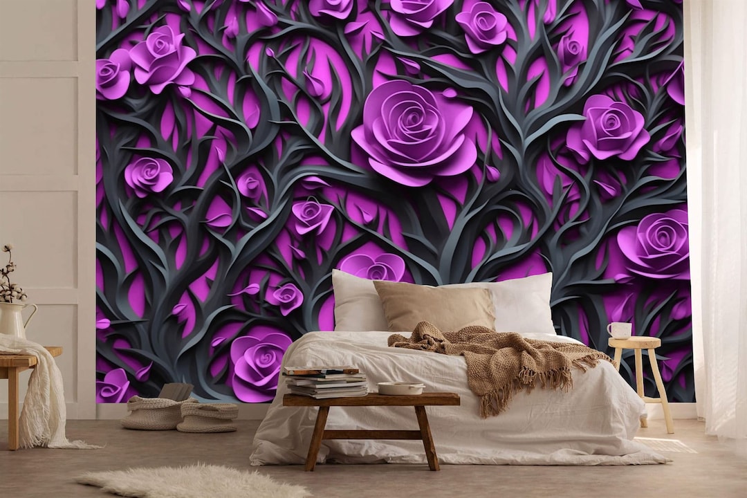 2D Texture of Branches With Purple Roses Gift, Art Print Photomural ...
