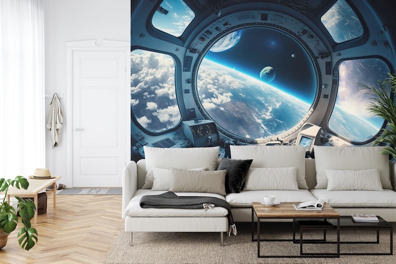 Wallpaper, 3D Spaceship Window Earth View, Peel and Stick Wall Mural - Etsy