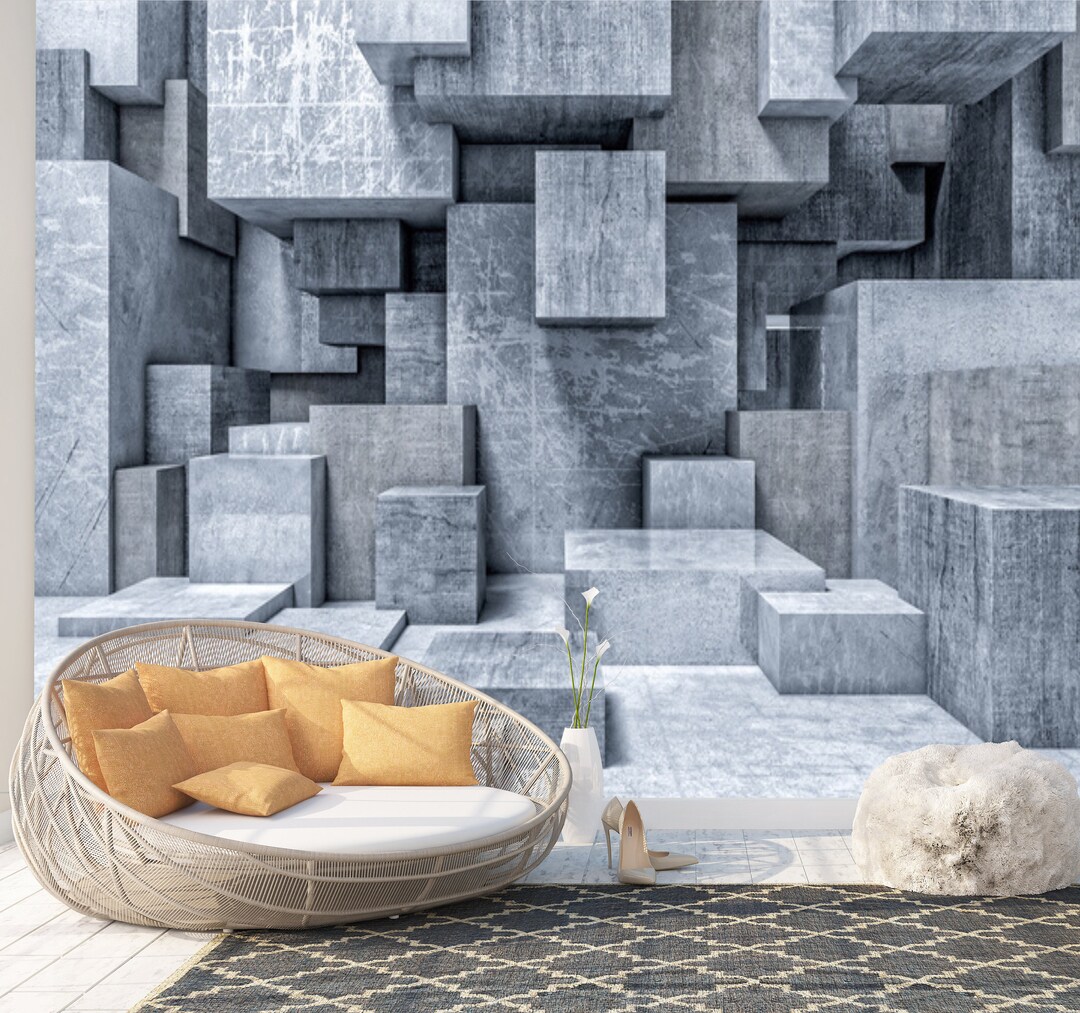 Geometric 3D Concrete Cube Room Design Art Print Photomural Wallpaper ...