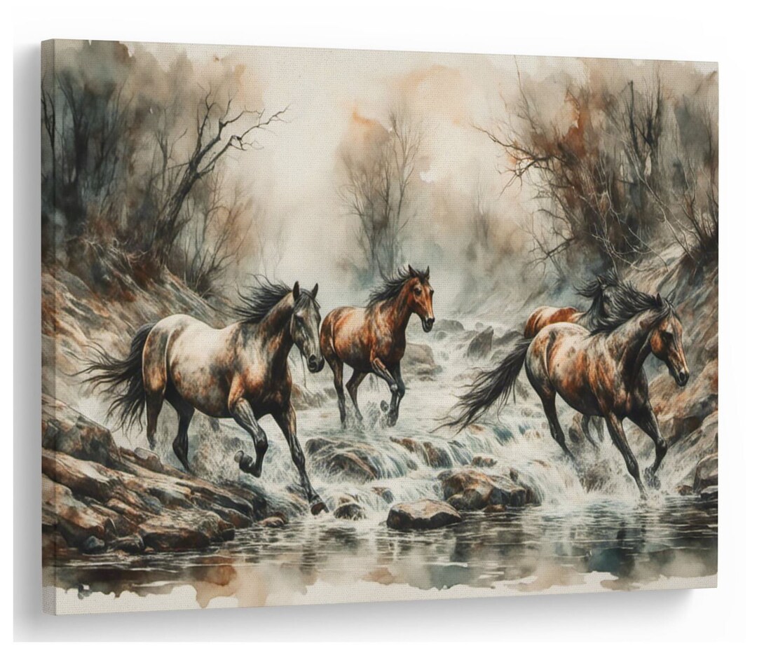 Running Horses Canvas Print - Rustic Stream Landscape Wall Art - Etsy