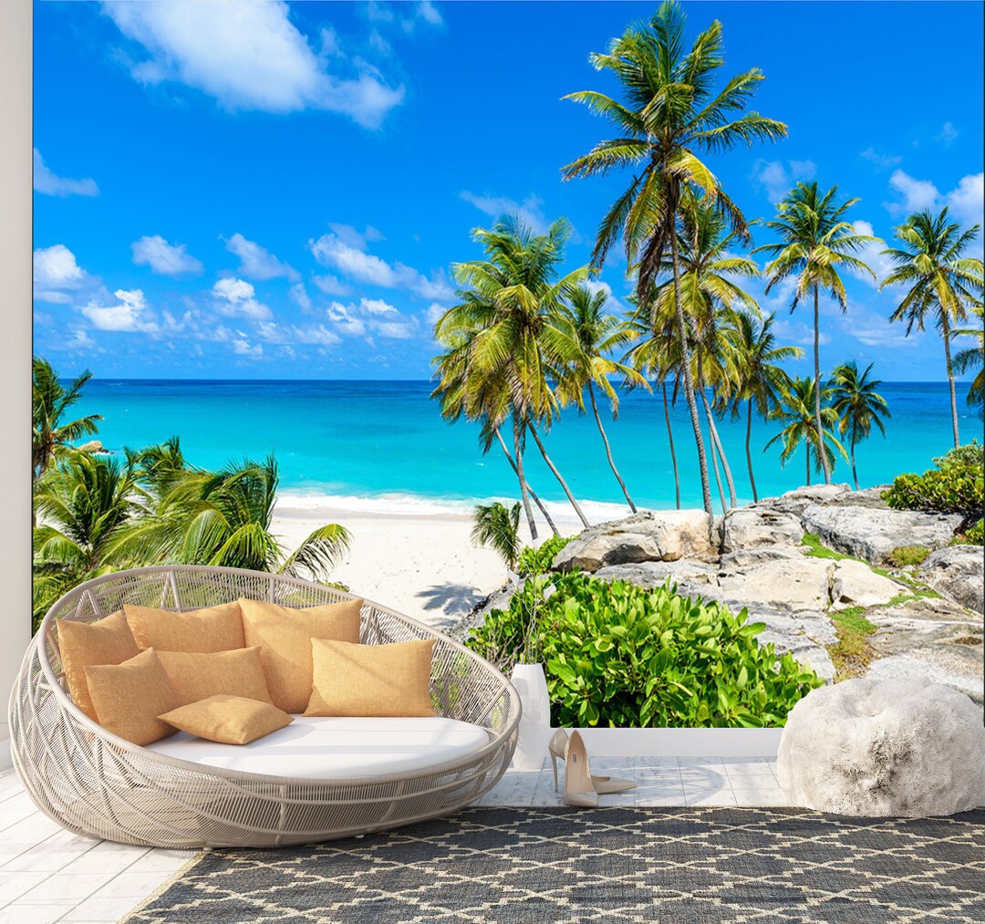 Tropical Palms Beach Ocean Wallpaper Mural Art Print Photomural Wall Decor Easy-install ...
