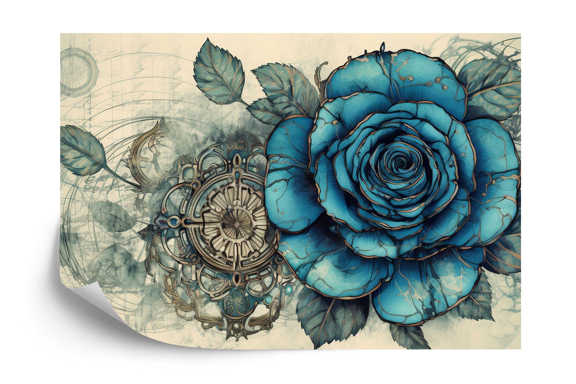 Blue Rose Steampunk Wallpaper Mural, Peel and Stick Wall Decal - Etsy