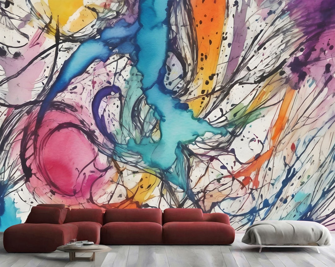 Abstract Watercolor Splatter Wallpaper Mural, Easy Install Peel and ...