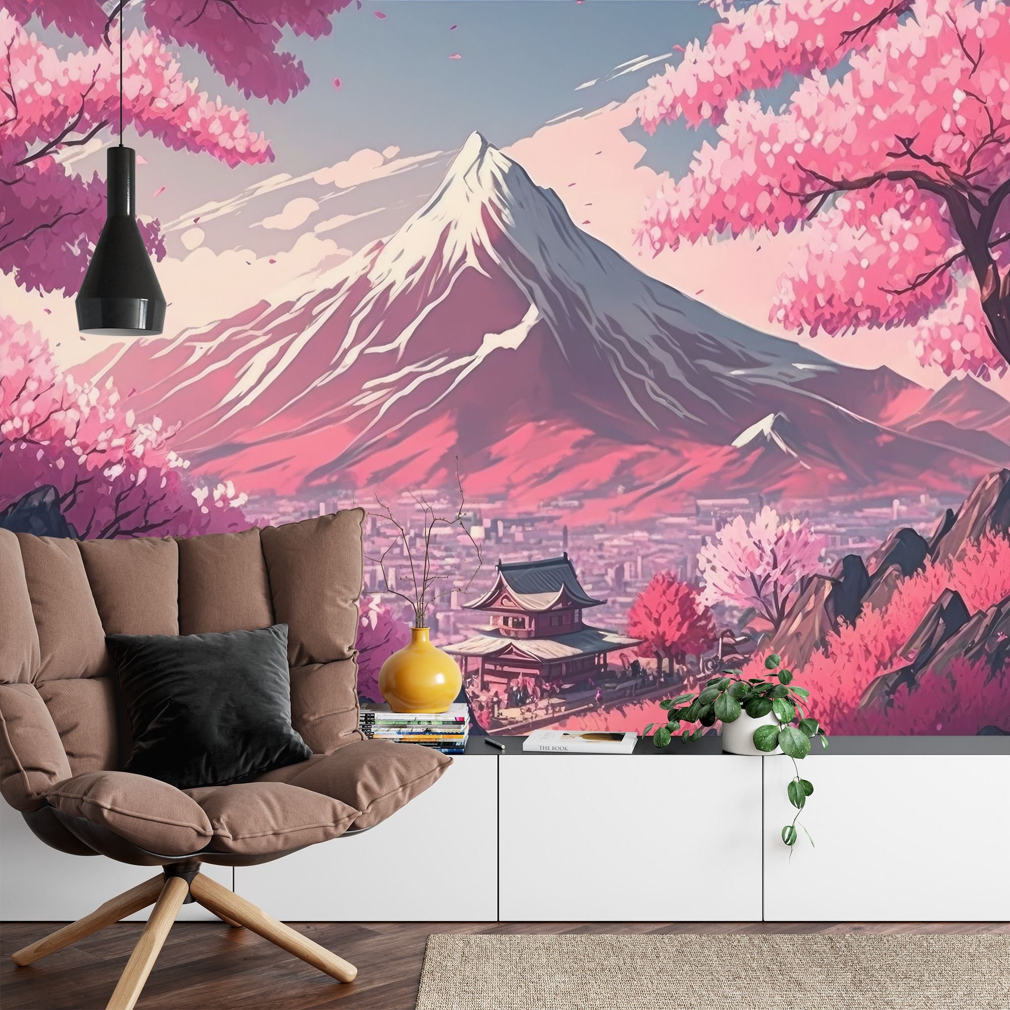 Cartoon Pink Sakura Cherry Blossom Mountain Spring Manga Art - Etsy