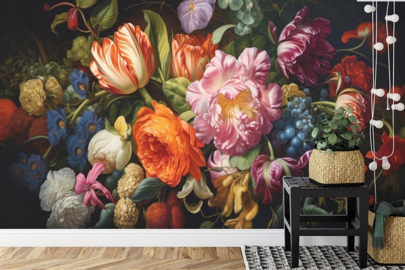 Baroque Peonies Wallpaper Mural, Rich Deep Colors, Art Print, Easy ...