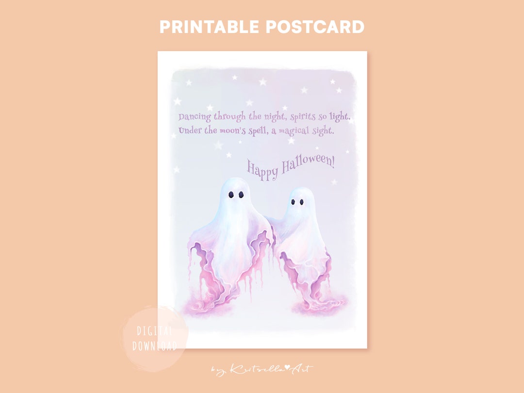 Printable Postcard for Halloween. Watercolor Pastel Ghosts With Poem in ...