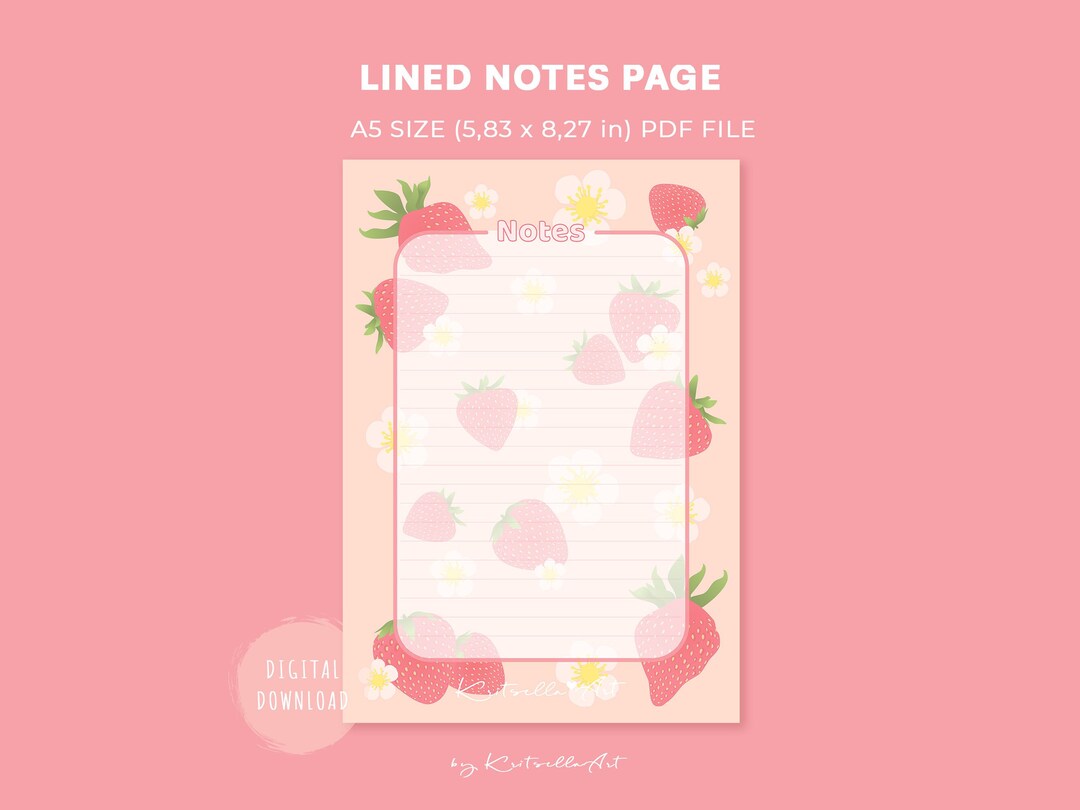 Printable Notes Page. Blank Notepaper With Pink Strawberry Design. A5 ...