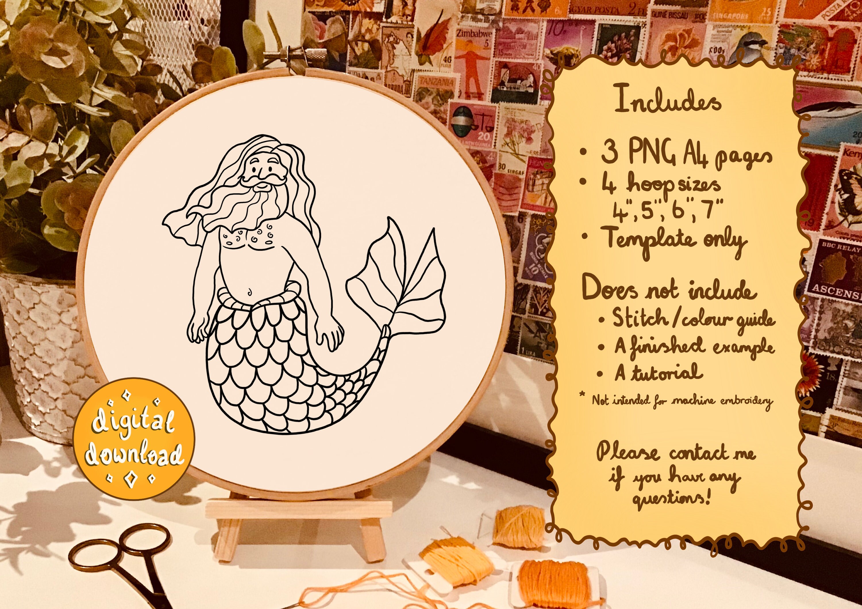 Merman Embroidery Template, Digital Download, Mermaid, Merperson, 4, 5 ...