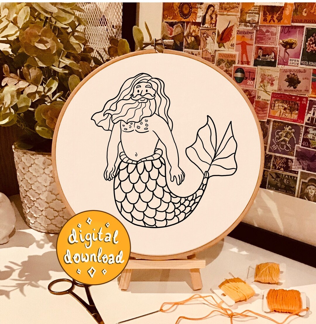 Merman Embroidery Template, Digital Download, Mermaid, Merperson, 4, 5 ...