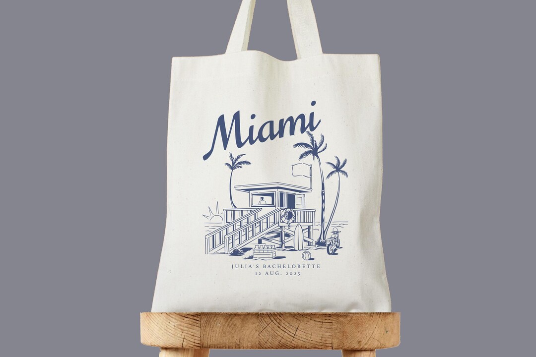 Miami Retro Tote Bag, Custom Beach Tote, Bachelorette Gift Bags ...