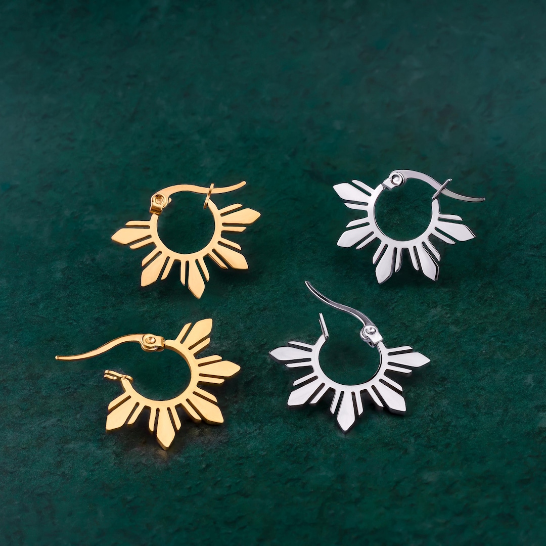 Araw Hoop Earrings – Philippine Sun Design in 18K Gold Plated Stainless ...