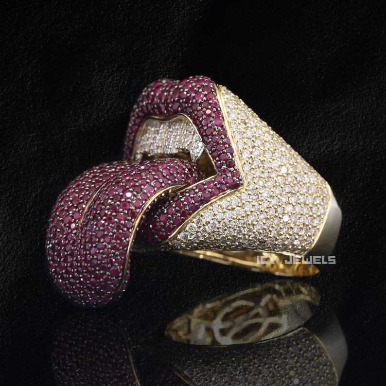 Iced Out Mens Hip Hop Tongue Lip Ring Rappers Moissanite Diamond Ring ...