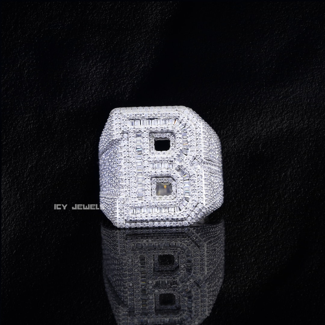 Iced Out Initial Letter Ring 10K Solid Gold Moissanite Name Ring Men's ...