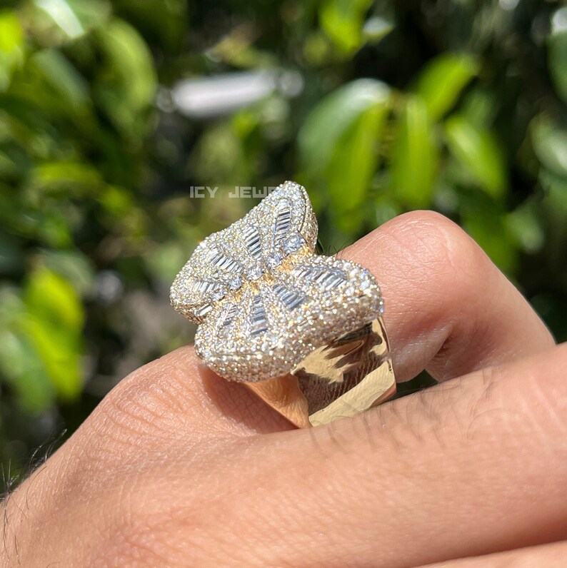 Mens Iced Out Ring 10K Solid Gold Diamond Ring Moissanite Butterfly ...