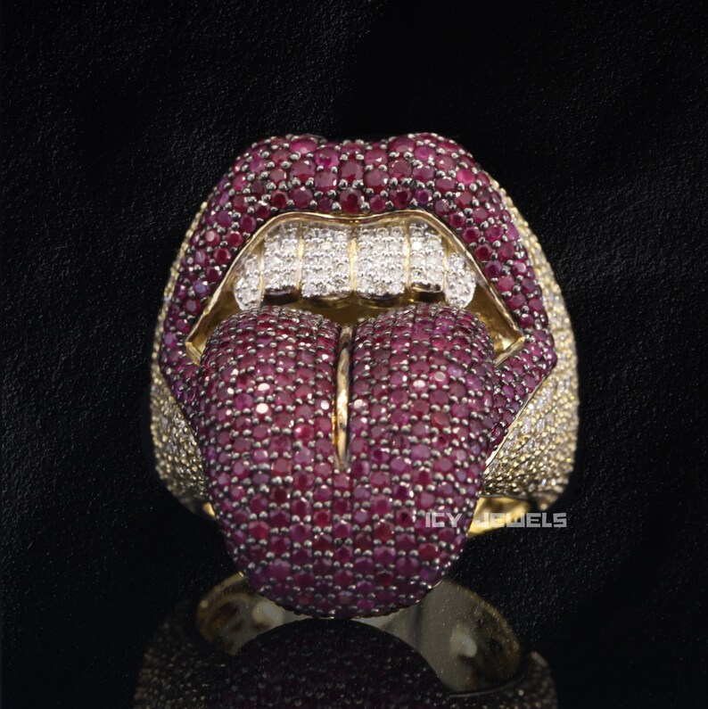 Iced Out Mens Hip Hop Tongue Lip Ring Rappers Moissanite Diamond Ring ...