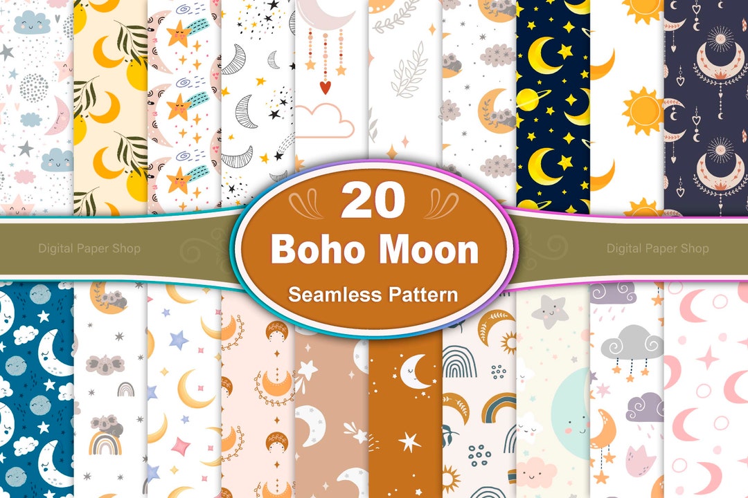 Boho Moon Seamless Pattern, Moon Pattern, Boho Moon Digital Paper ...