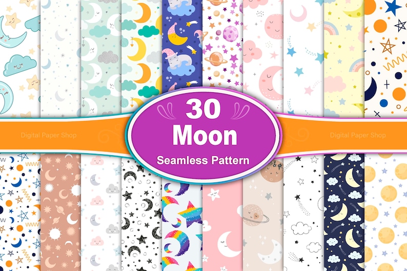 Kawaii Moon Pattern, Moon Seamless Pattern, Moon Pattern, Moon Digital ...