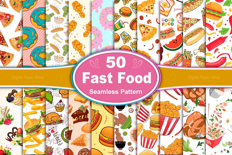 Fast Food Seamless Pattern: Foodie Digital Paper (50 JPG Files) - Etsy