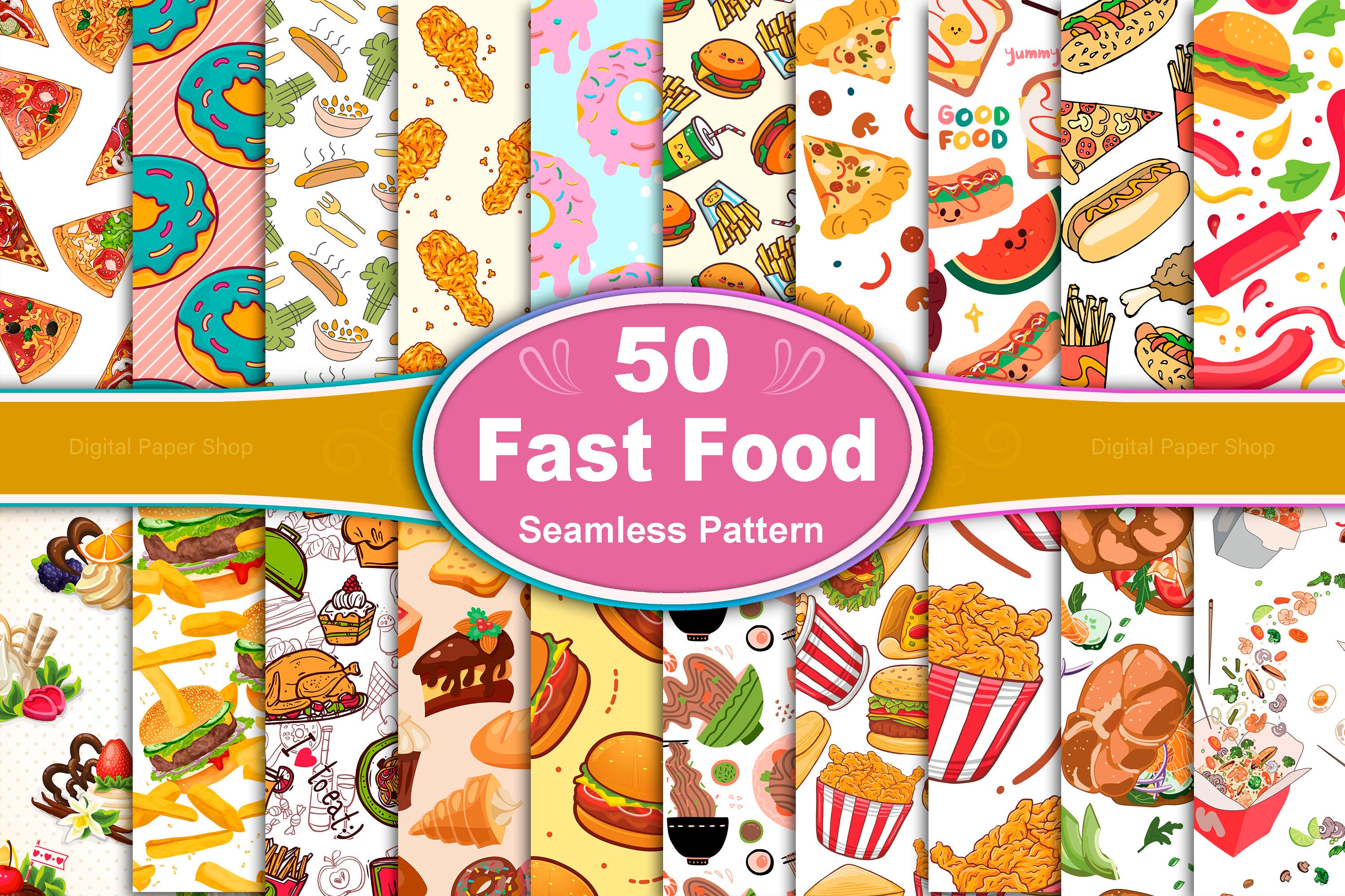 Fast Food Seamless Pattern, Fast Foods Pattern, Fast Food Digital Paper ...