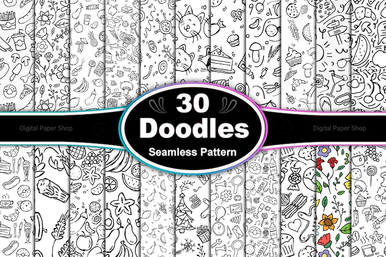 Doodle Seamless Pattern: 30 Hand Drawn Digital Papers (JPG Files) - Etsy