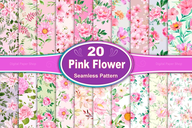 Pink Floral Seamless Pattern Bundle: Watercolor Flower Designs (digital ...