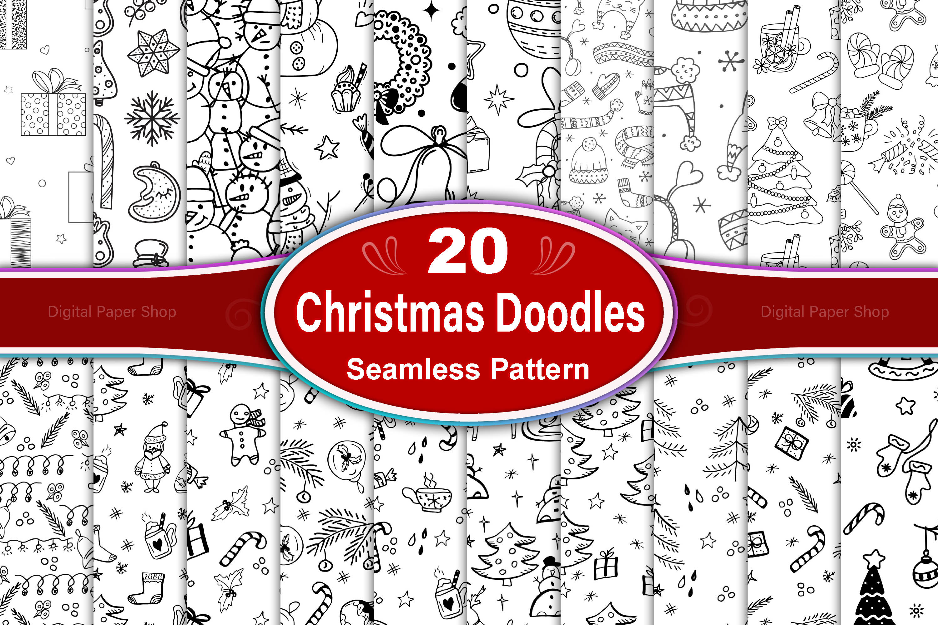 Black and White Christmas Seamless Pattern, Christmas Doodles Pattern ...