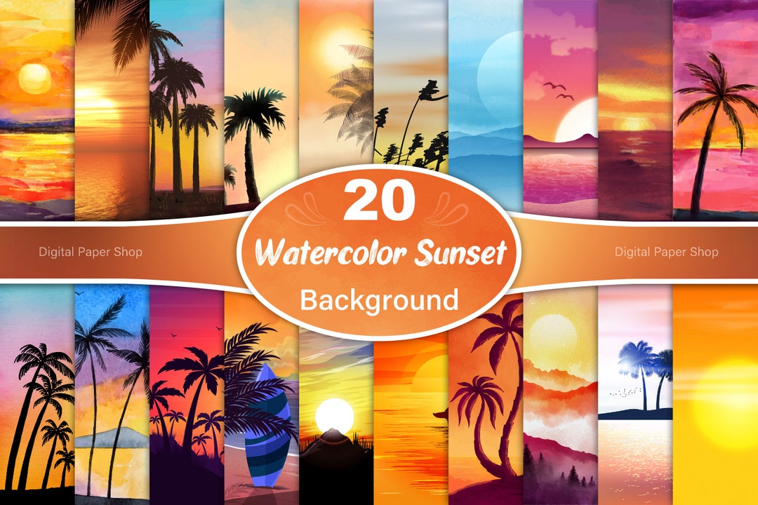 Watercolor Sunset Background, Watercolor Sunset Landscape Background ...