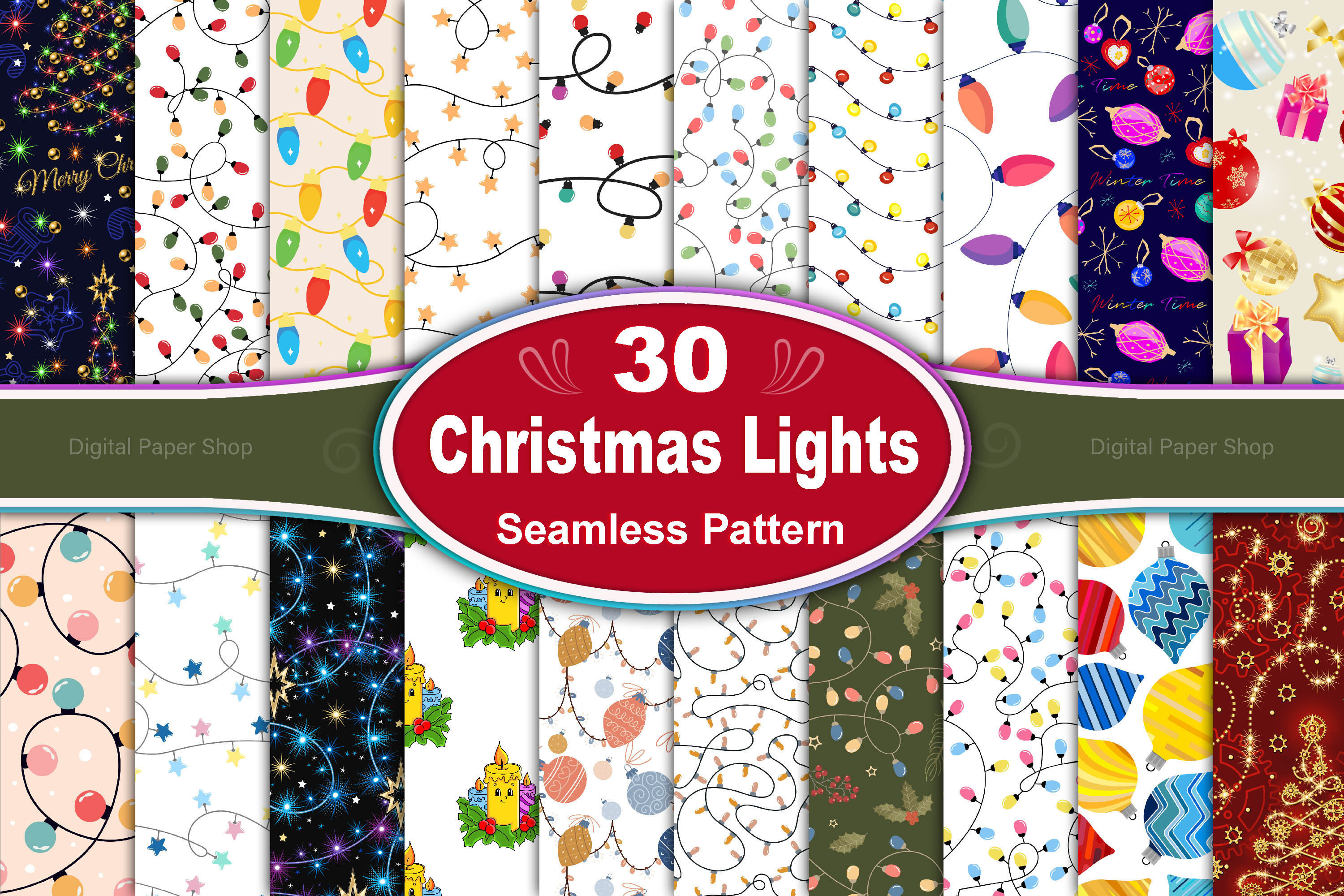 Christmas Lights Seamless Pattern: Holiday Digital Paper (30 JPG Files ...