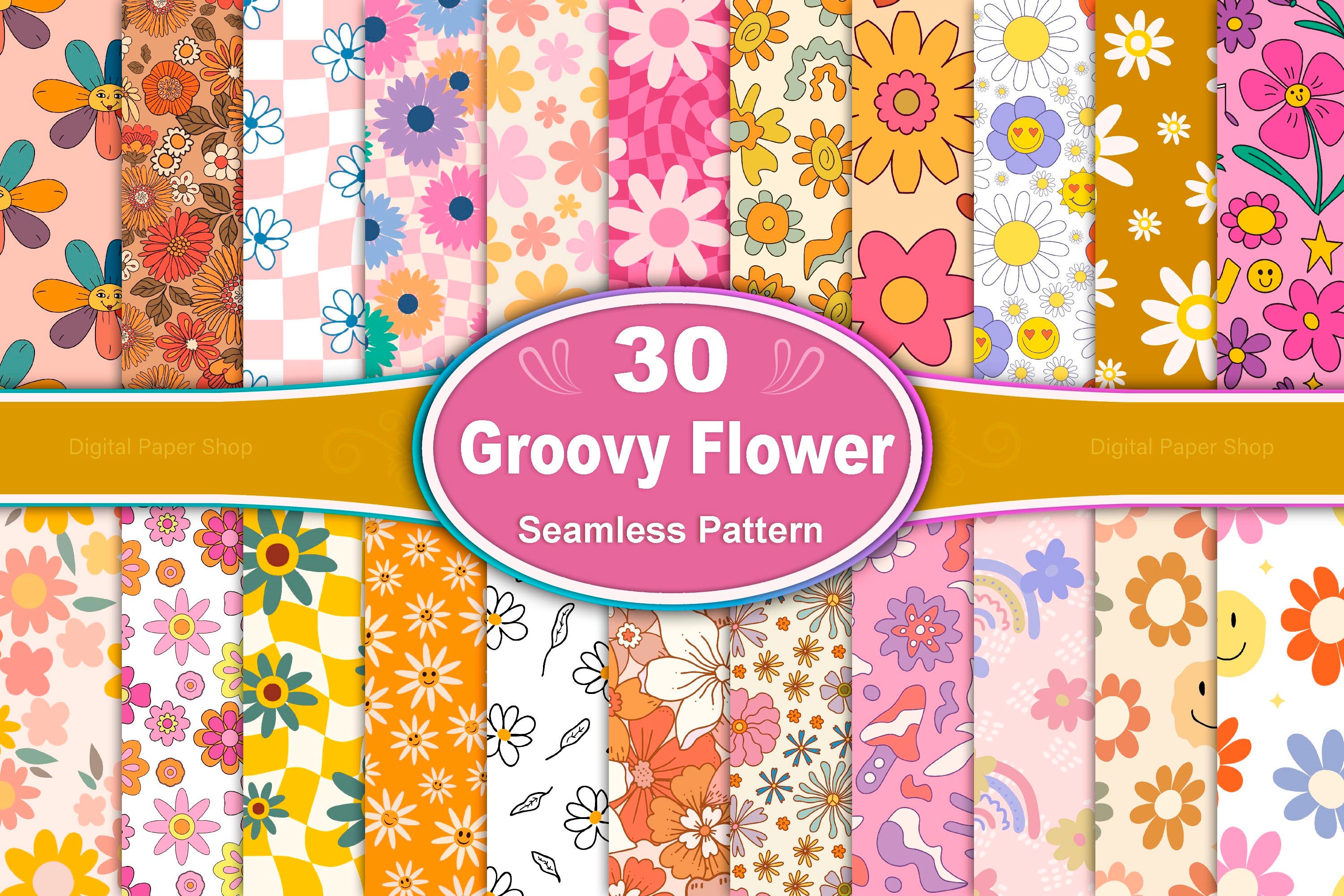 Groovy Flower Seamless Pattern: Retro Floral Digital Paper (30 JPG ...