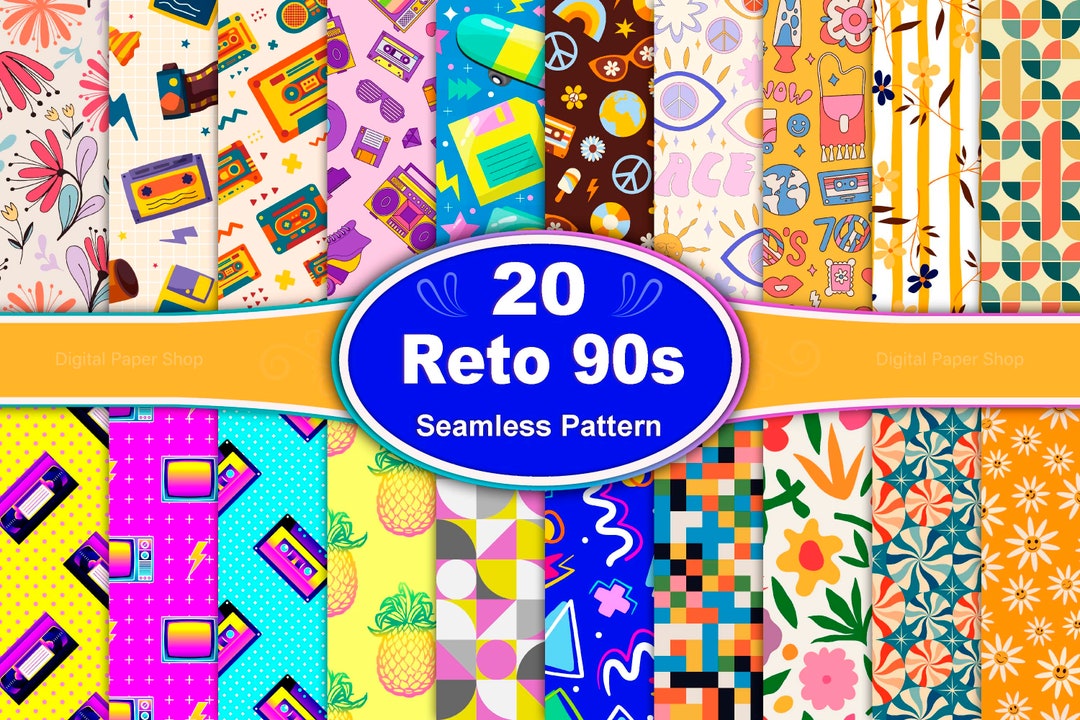 Retro 90s Seamless Pattern Bundle: Vintage Digital Papers (3600x3600 Px ...