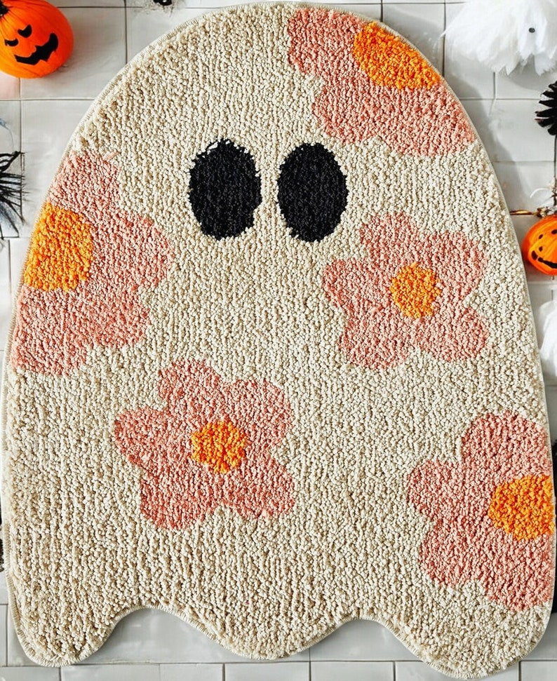 Cute Ghost Bath Mat, Colorful Daisy Flowers, Halloween Rug, Ghost ...