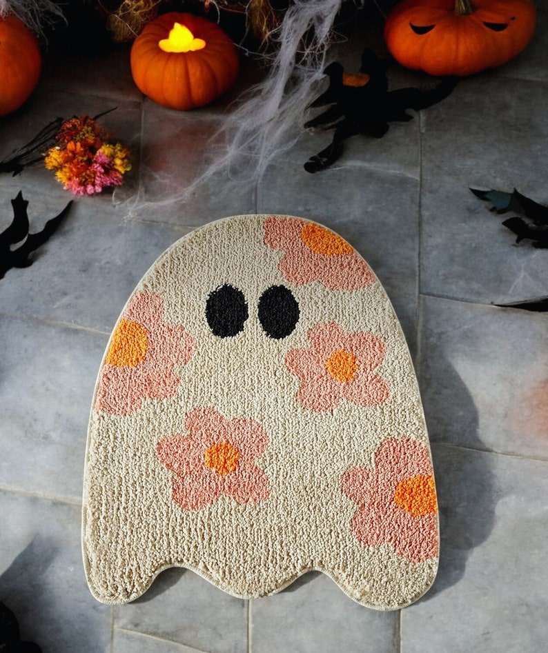 Cute Ghost Bath Mat, Colorful Daisy Flowers, Halloween Rug, Ghost ...