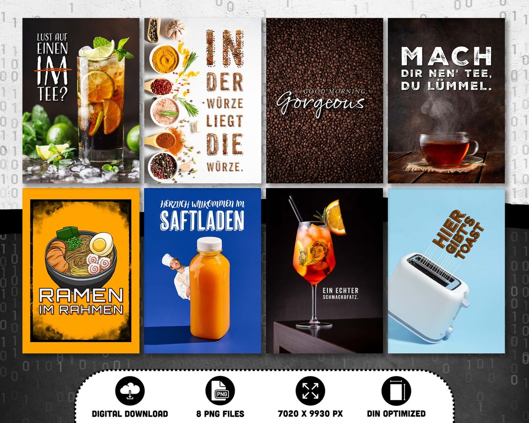 Kitchen Mix Digital Poster Bundle, Optimized for DIN Formats, 8 Kitchen ...