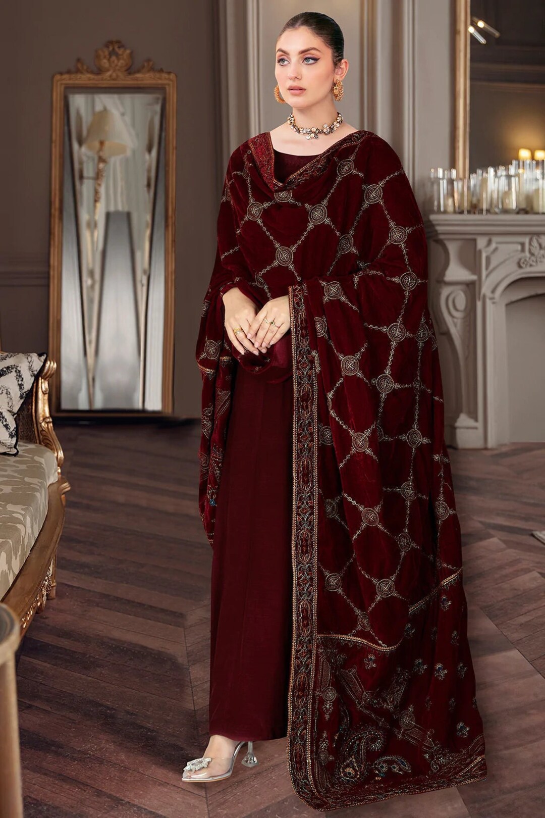 New Velvet Stocking Kashmir Shawl Salwar Kameez Wedding - Etsy
