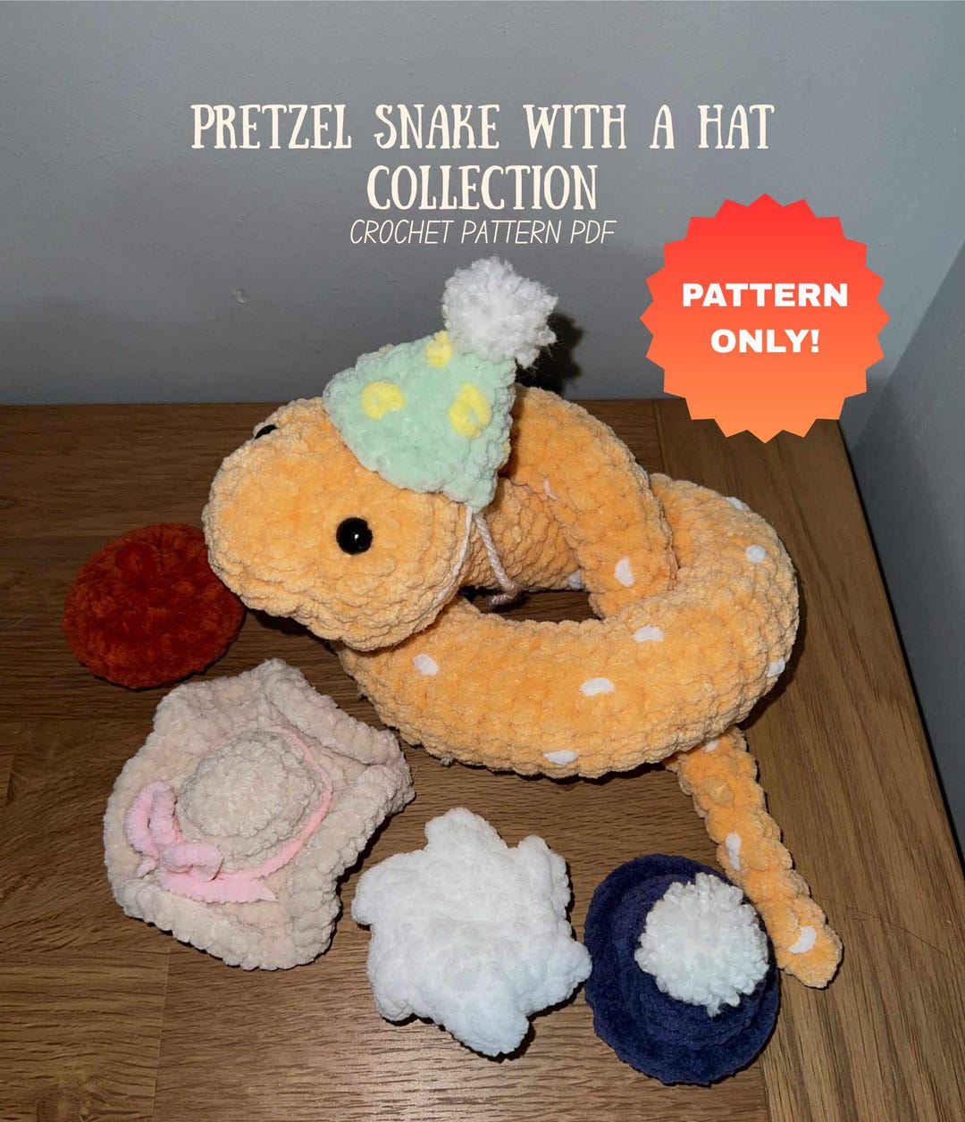 Crochet Pretzel Snake Pattern: Amigurumi With Removable Hats (PDF ...